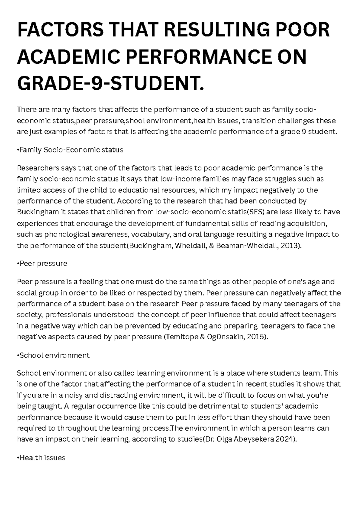 Factors THAT Resulting POOR Academic Performance ON Grade-9- Stude ...