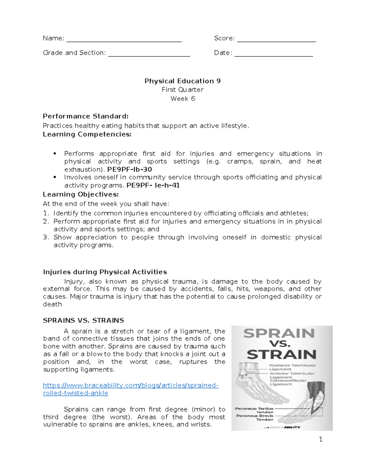 Mapeh 9- P.E- Week 6 - Learning Activity Sheet - Name: ___________________________________ Score ...