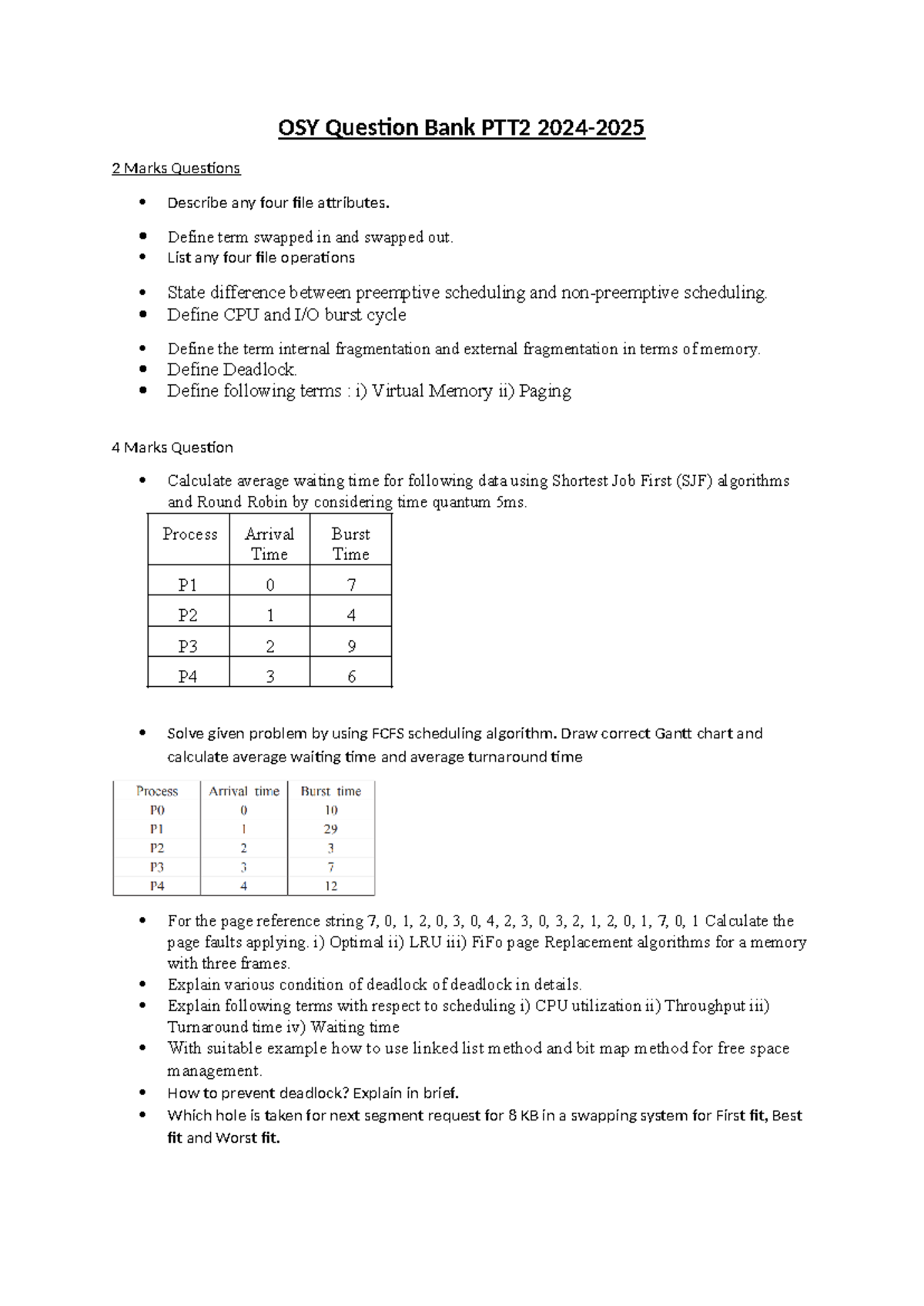 OSY Question Bank PTT2 2024-2025 - Define term swapped in and swapped out. List any four file ...
