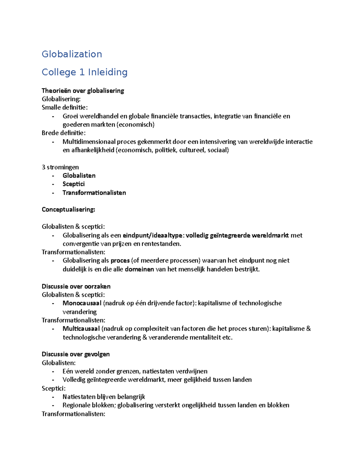 Globalization - Globalization College 1 Inleiding Theorieën over ...