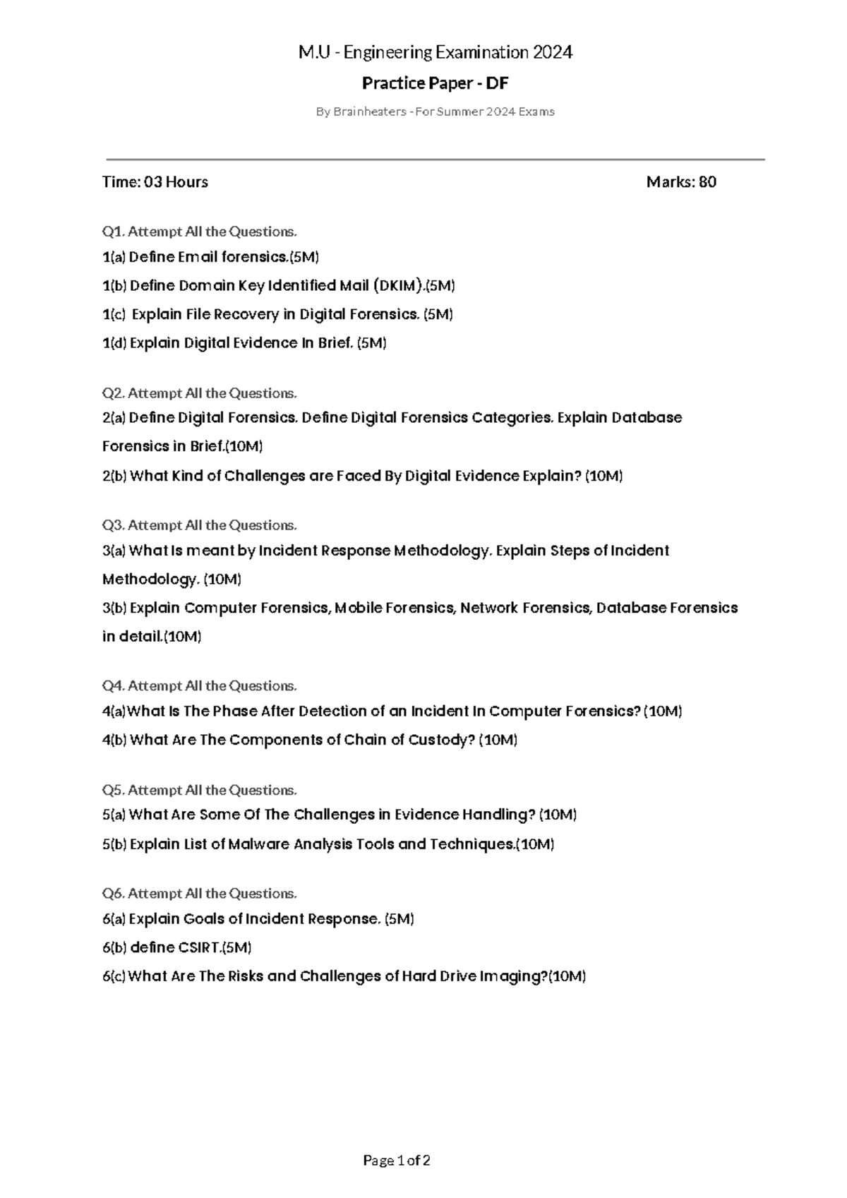 DF Comps Sem8 Practice Papers - M - Engineering Examination 2024 Practice Paper - DF By ...