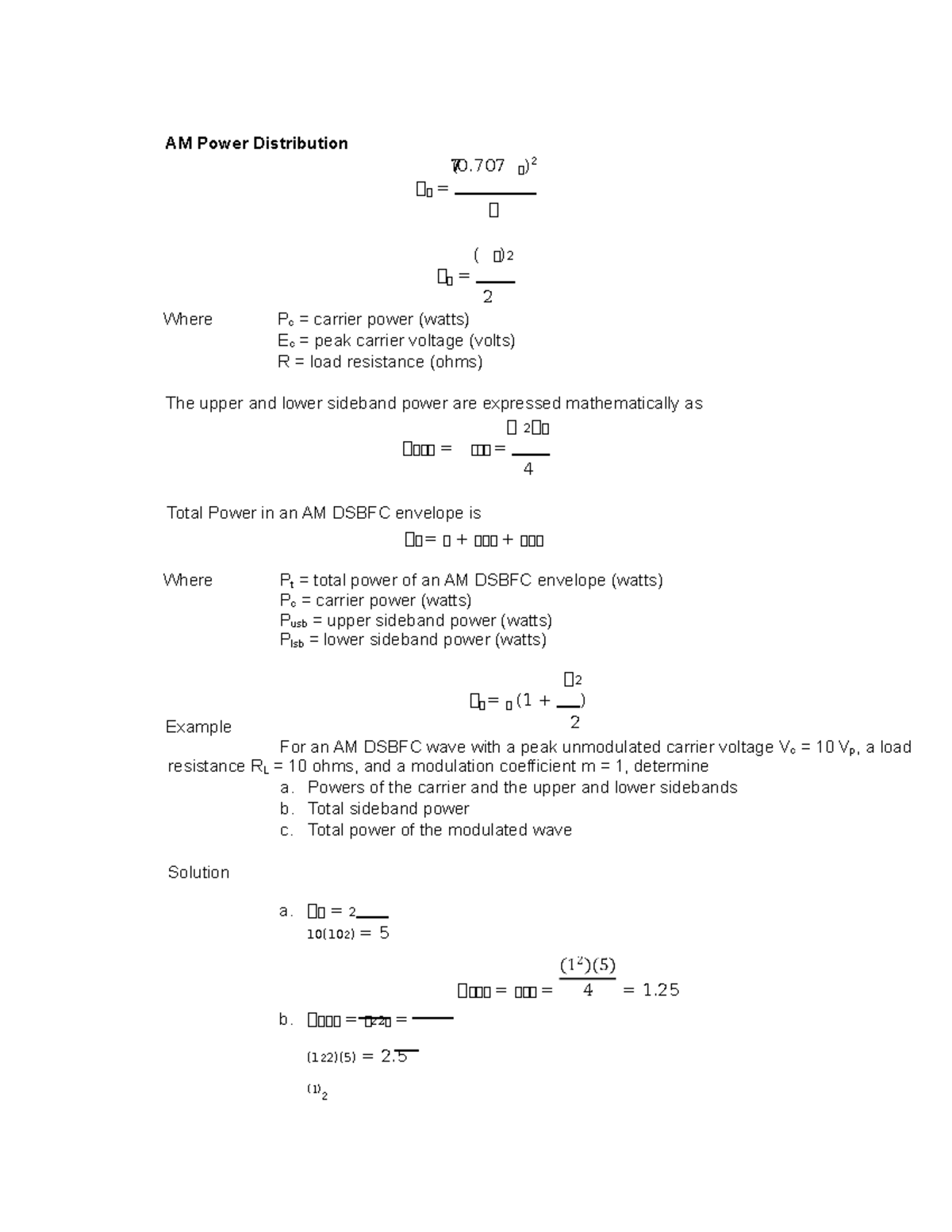 AM Power Distribution - Powers of the carrier and the upper and lower ...