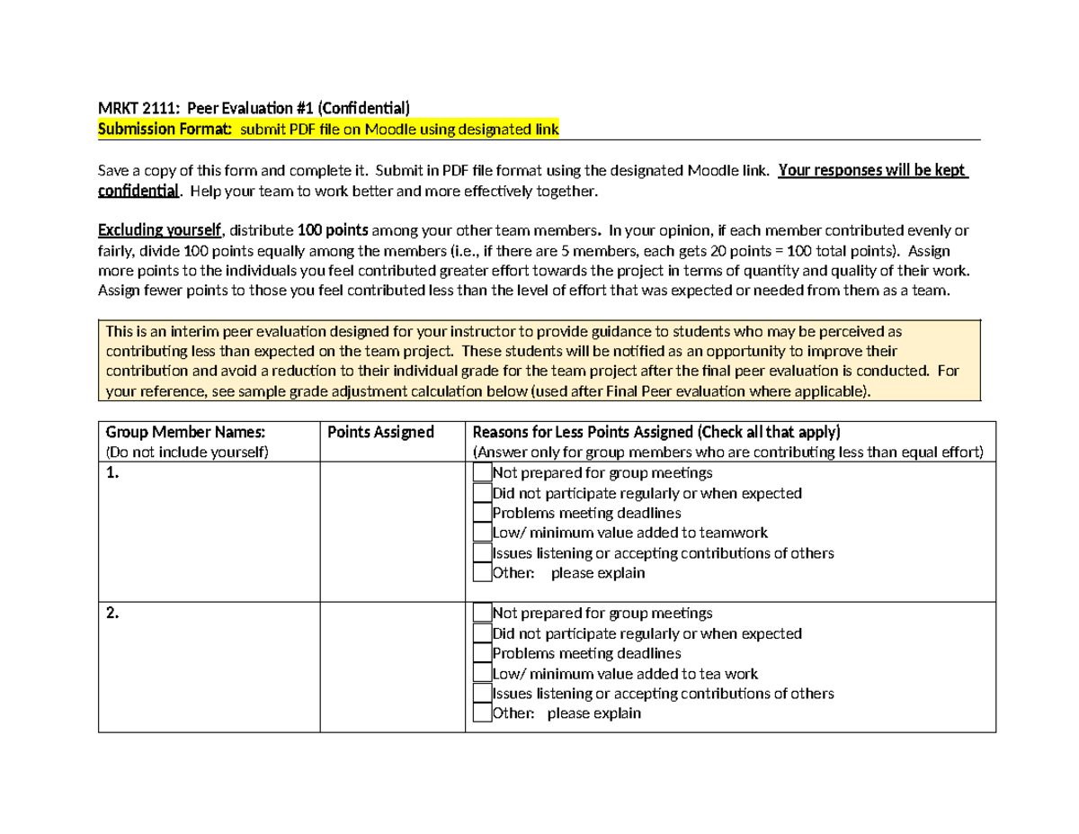 MRKT2111 Peer Evaluation Form 1 Interim 2022 - MRKT 2111: Peer ...