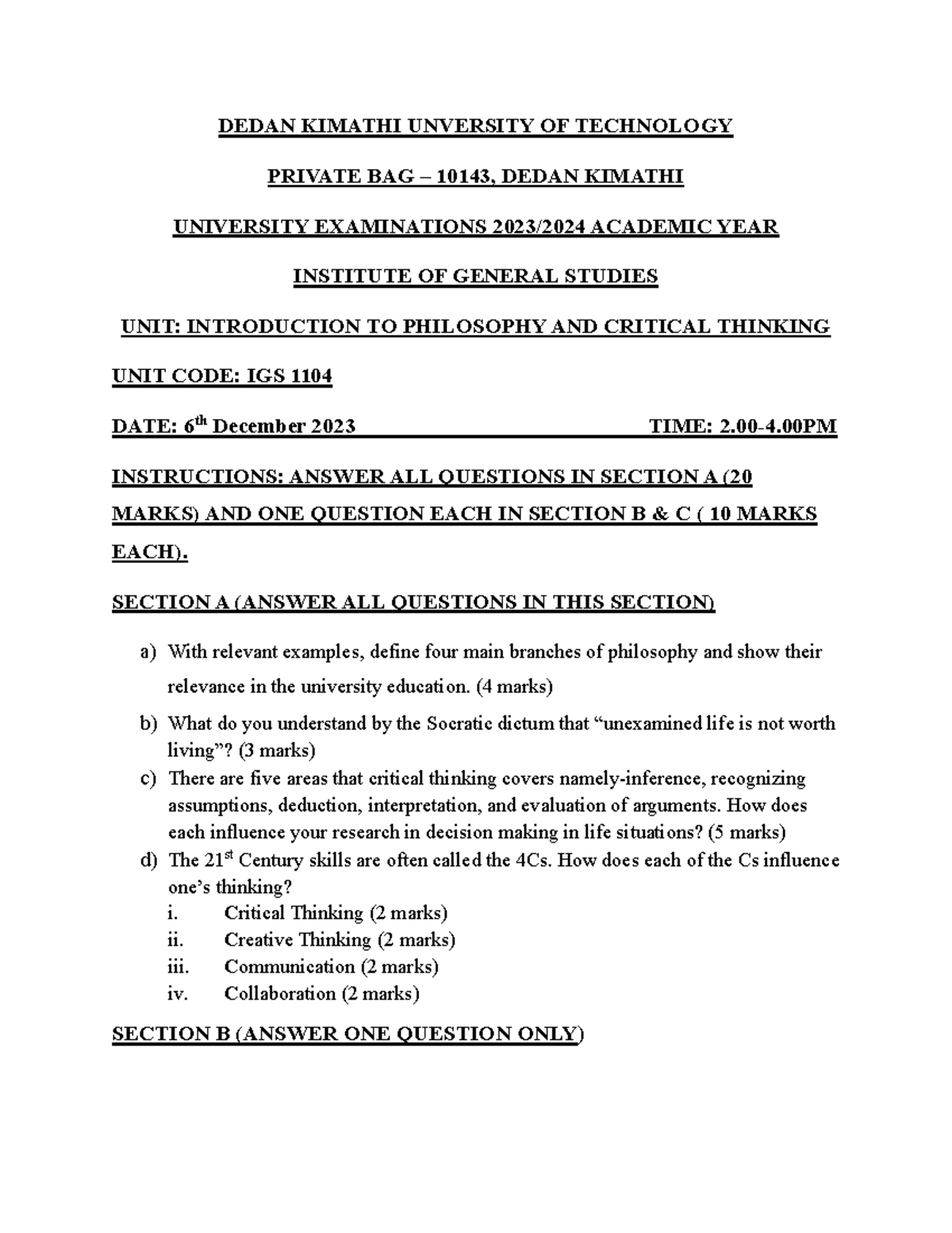 IGS 1104 Inroduction to philosophy and critical thinking - DEDAN KIMATHI UNVERSITY OF TECHNOLOGY ...