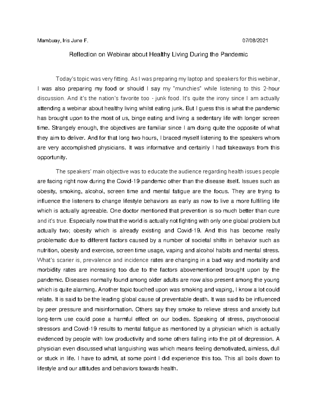 Reflection on Webinar about Healthy Living During the Pandemic ...