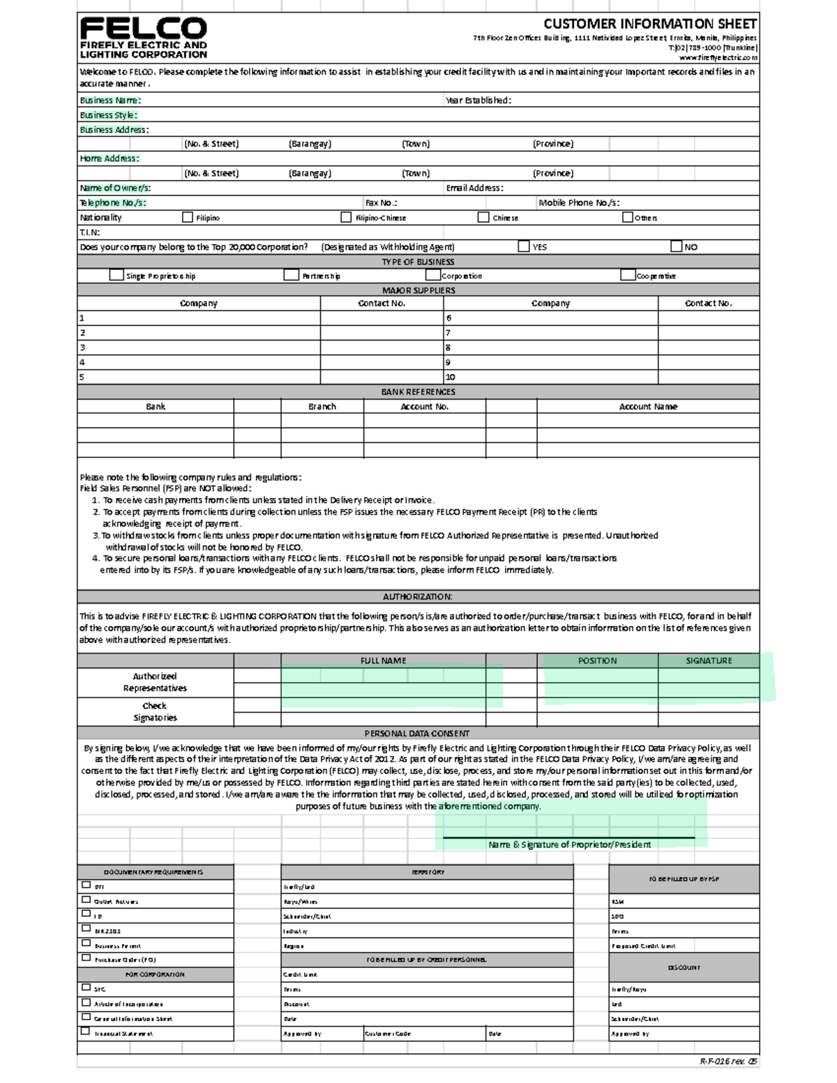 R-F-016 C.I Sheet Rev.05 - 1st - CUSTOMER INFORMATION SHEET 7th Floor ...