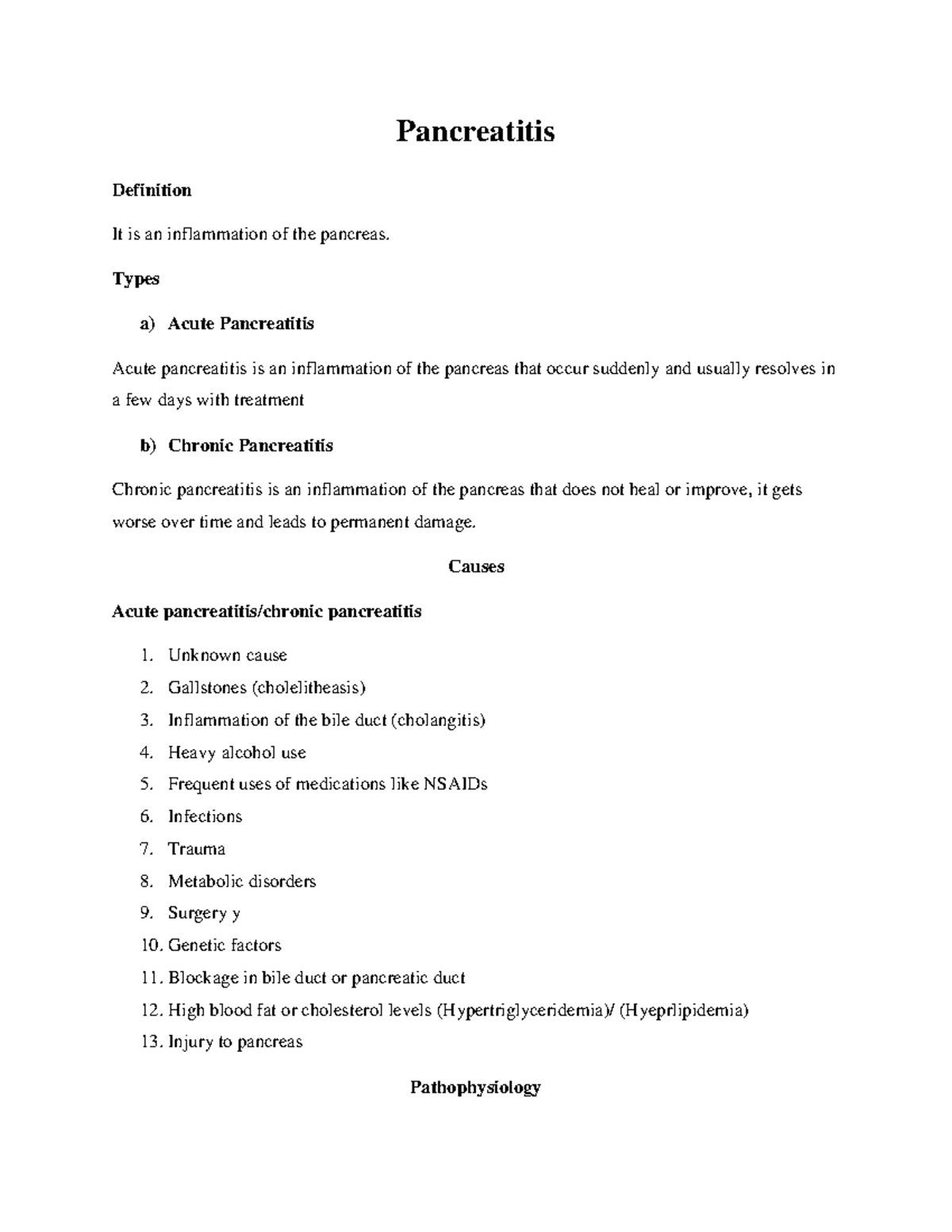 Pancreatitis - Lecture notes 1 - Pancreatitis Definition It is an ...