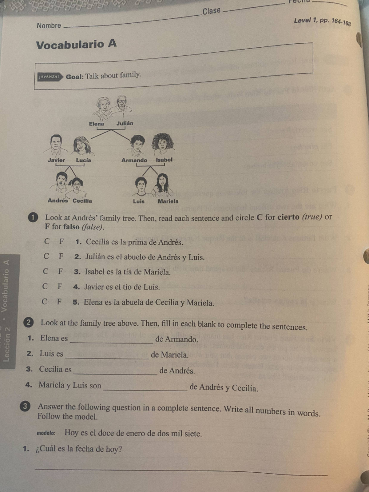 Wb 122 - ok t - Clase Nombre Level 1, pp. Vocabulario A AVANZA! Goal ...