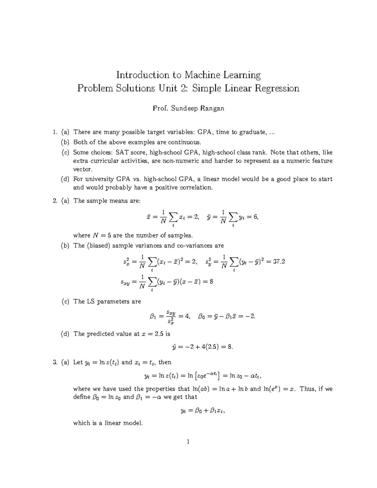 Prob simp lin reg soln - dqw - Introduction to Machine Learning Problem Solutions Unit 2: Simple ...