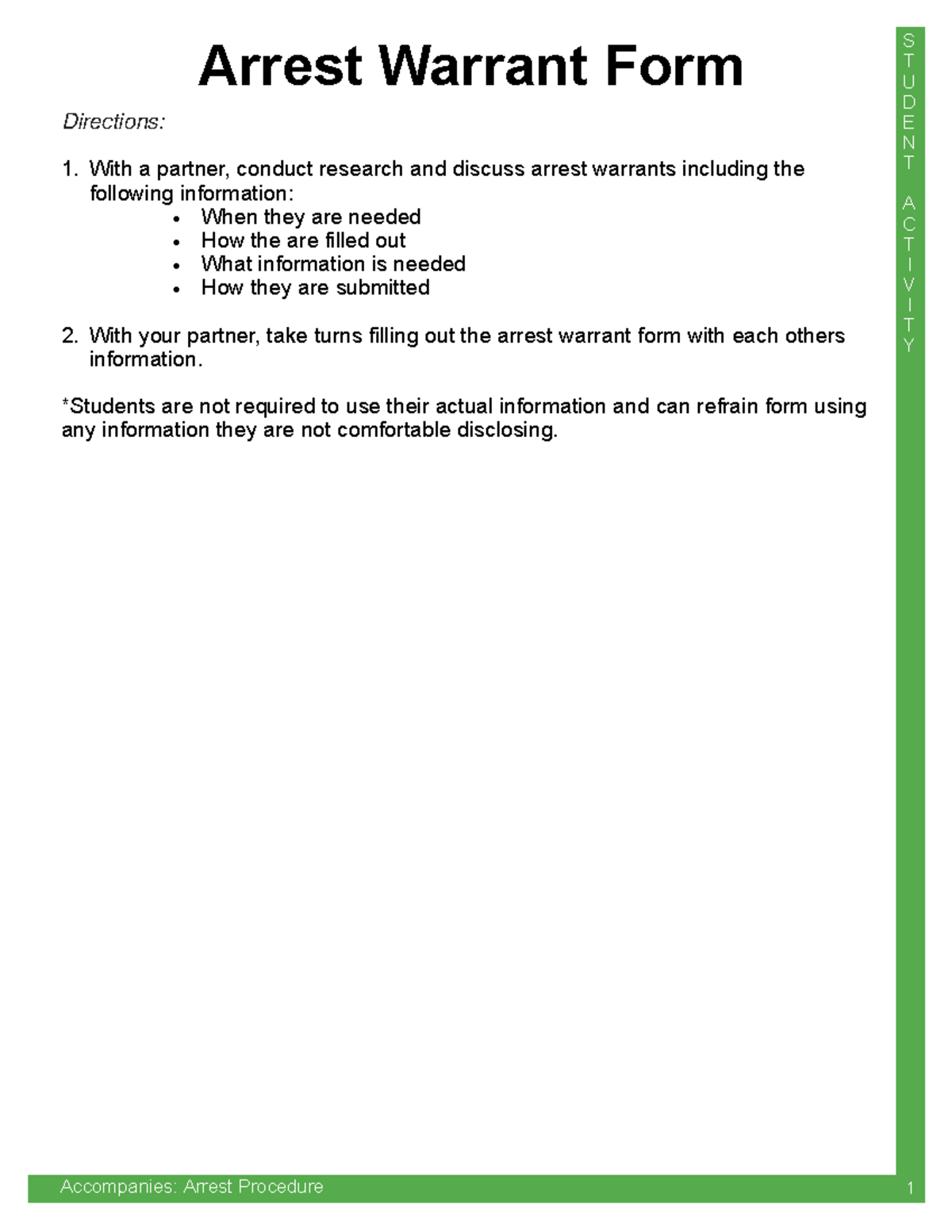 Activity - Arrest Warrant Form - S T U D E N T A C T I V I T Y ...