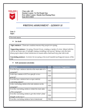 Template Writing assignment - Class code: 125 Student’s name: Vo Thi Thanh Tam Peer editor’s ...