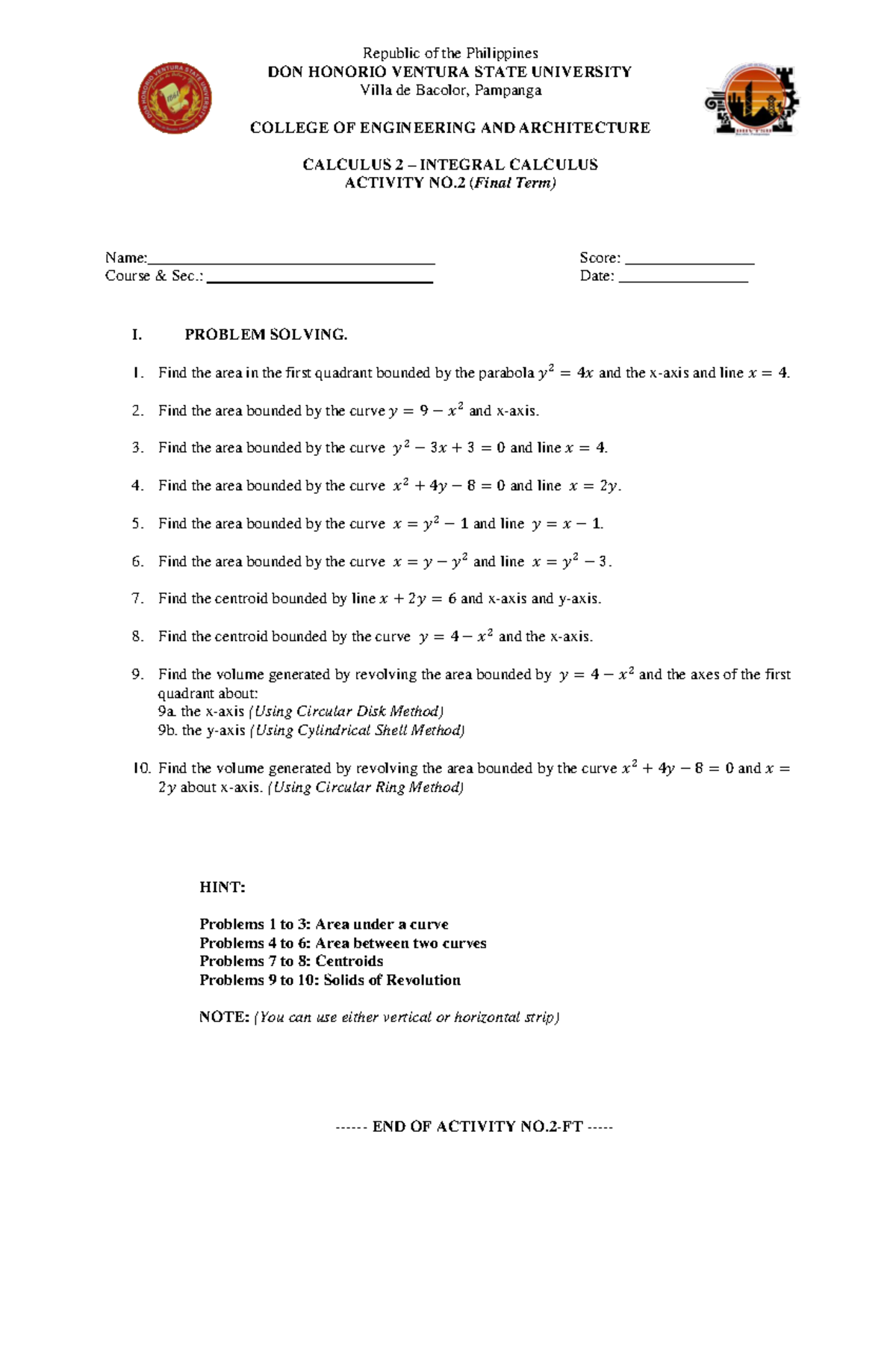 Intecal 125 Activity 2 FT - Name: Score: ________________ Course & Sec ...