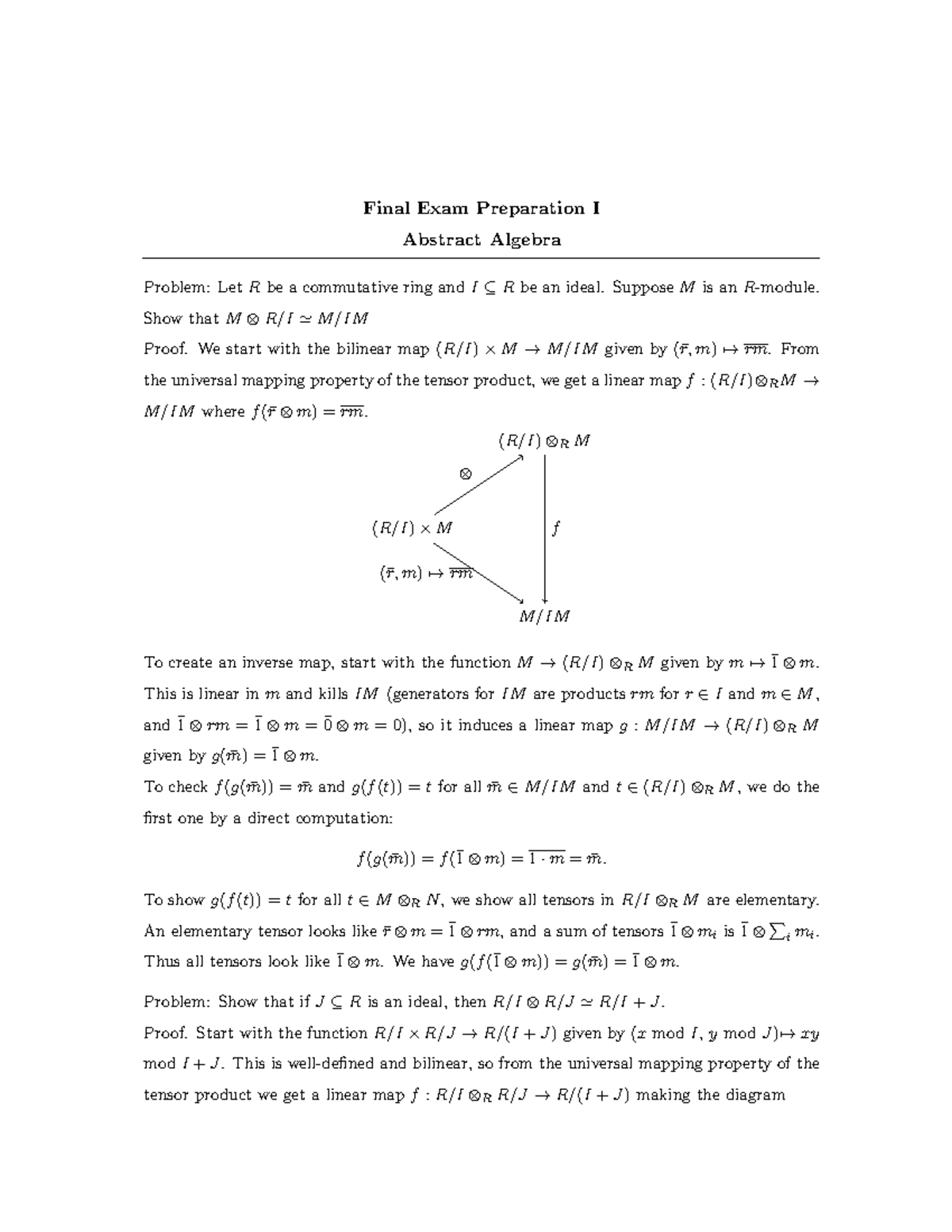 Algebra Finalprep - Final Exam Preparation I Abstract Algebra Problem ...