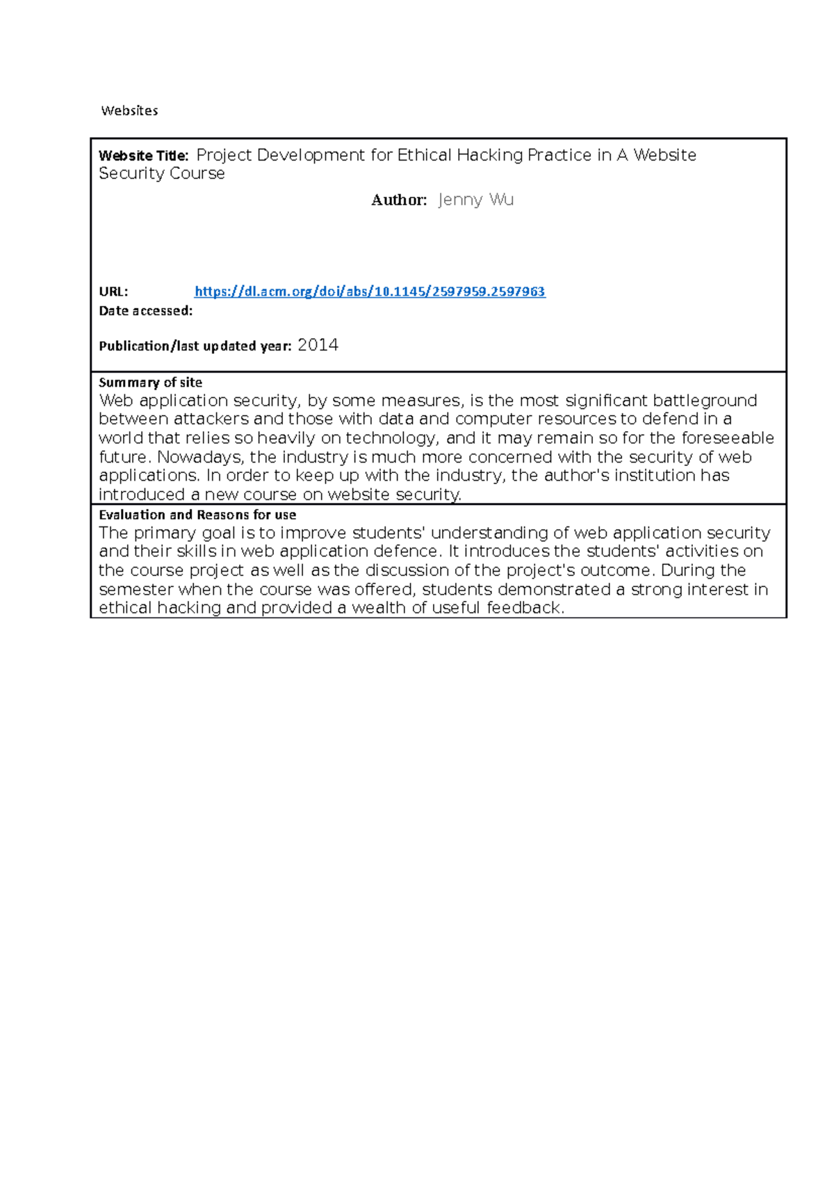 Annotated Bibliography - Websites Website Title: Project Development ...