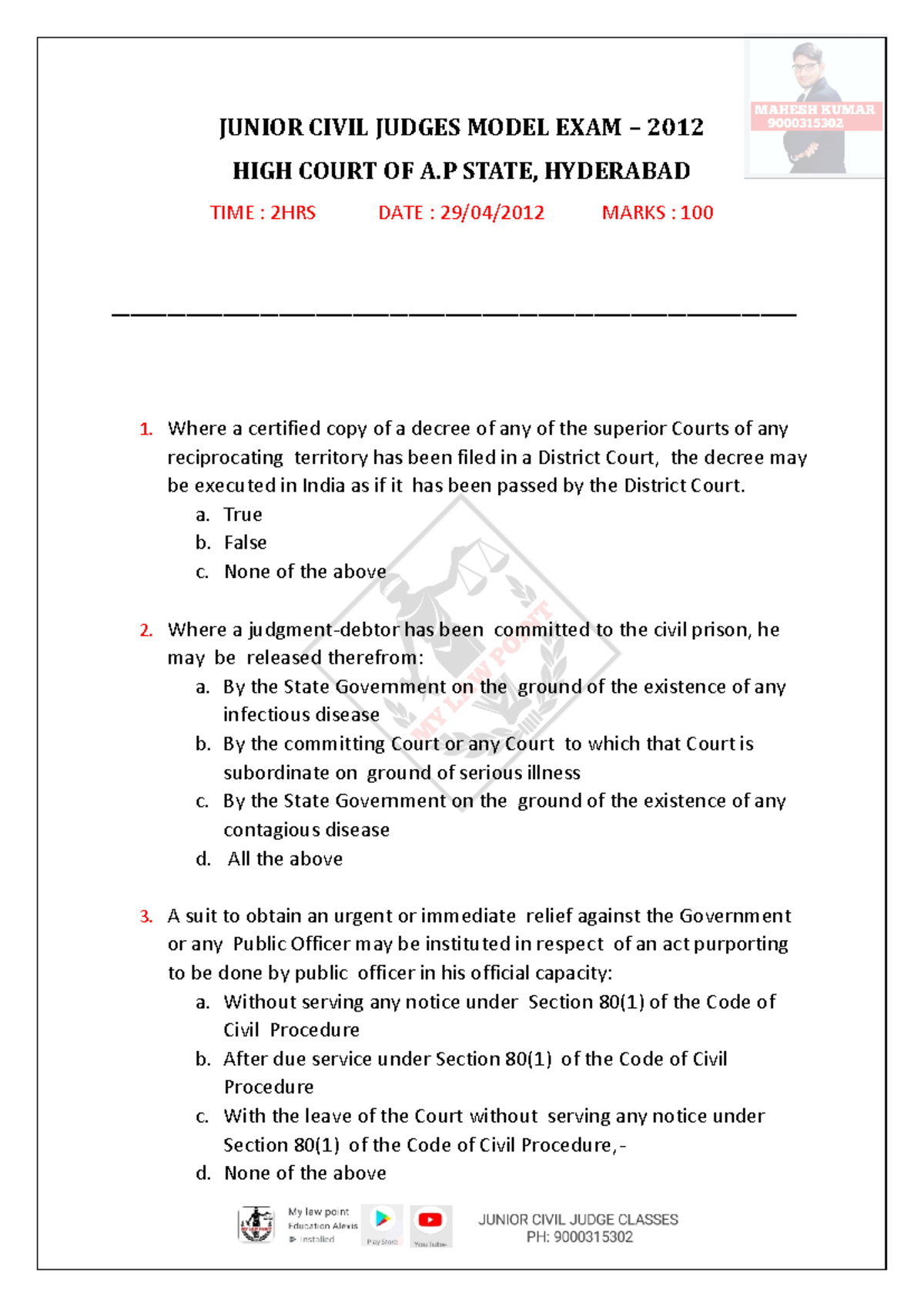 Jcj 2012 (1) - JUNIOR CIVIL JUDGES MODEL EXAM – 2012 HIGH COURT OF A STATE, HYDERABAD TIME ...