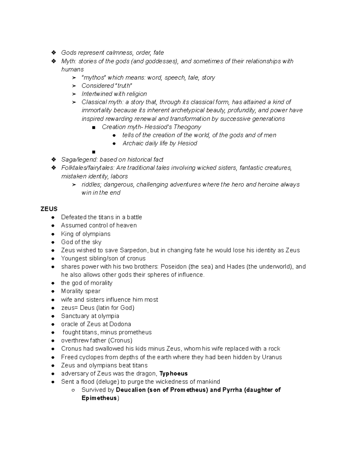 Myth exam 1 Outline - information catered for exam 1 - Gods represent ...