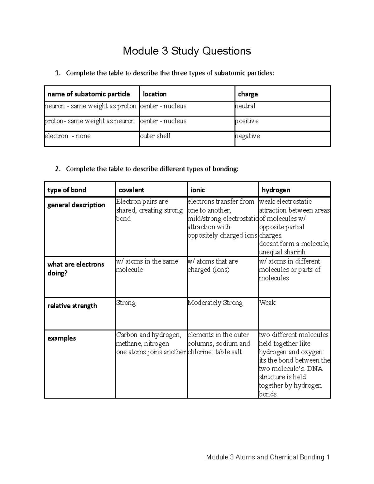 Module 3 study questions - Module 3 Study Questions Complete the table ...