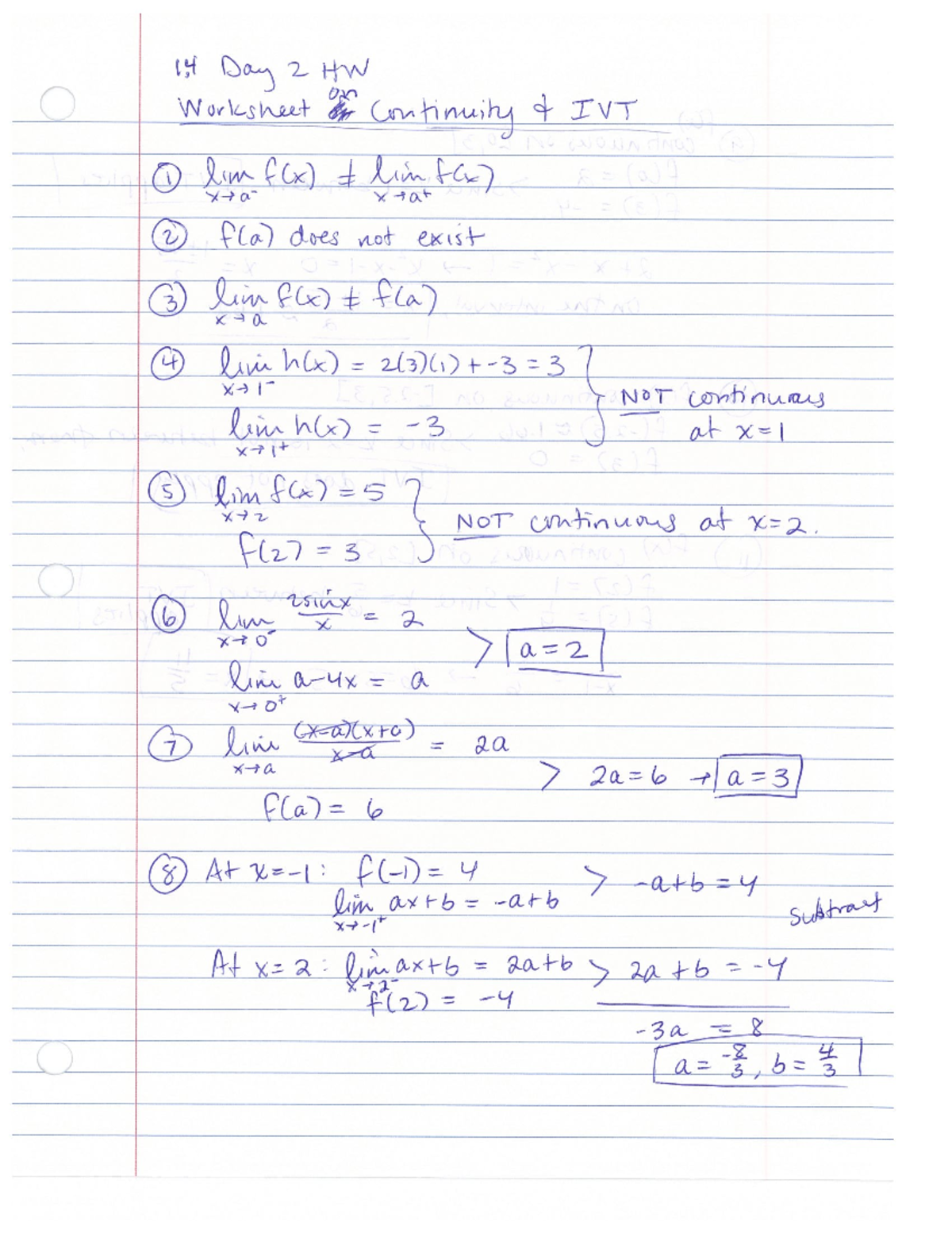 1.4_hw_2_answer_key.pdf - 14 Day 2 HW on Worksheet the Continuity of IVT I lim f(x) lim f(x) 2 ...