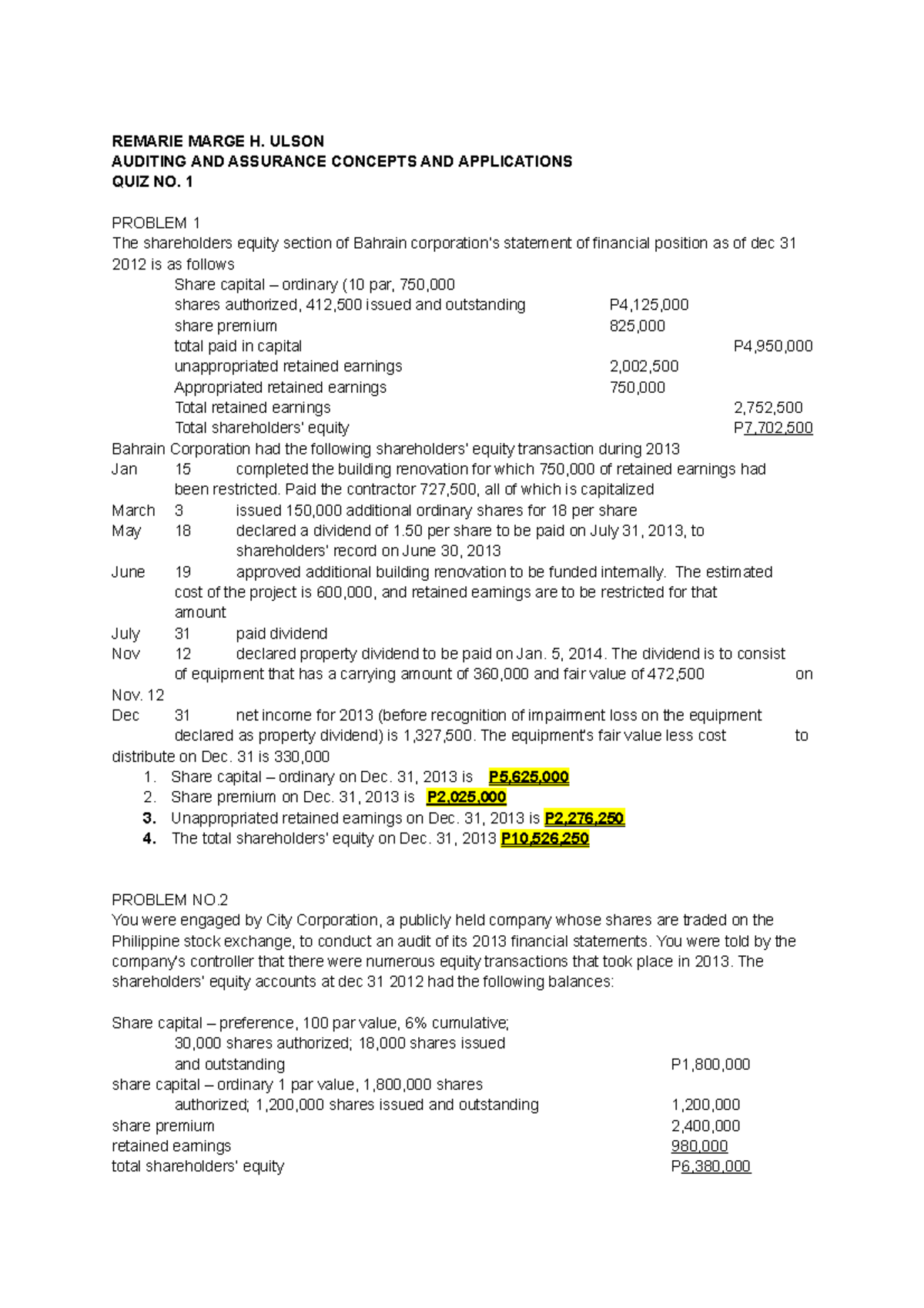 Audit of Shareholders Equity - Quiz Ulson - REMARIE MARGE H. ULSON ...