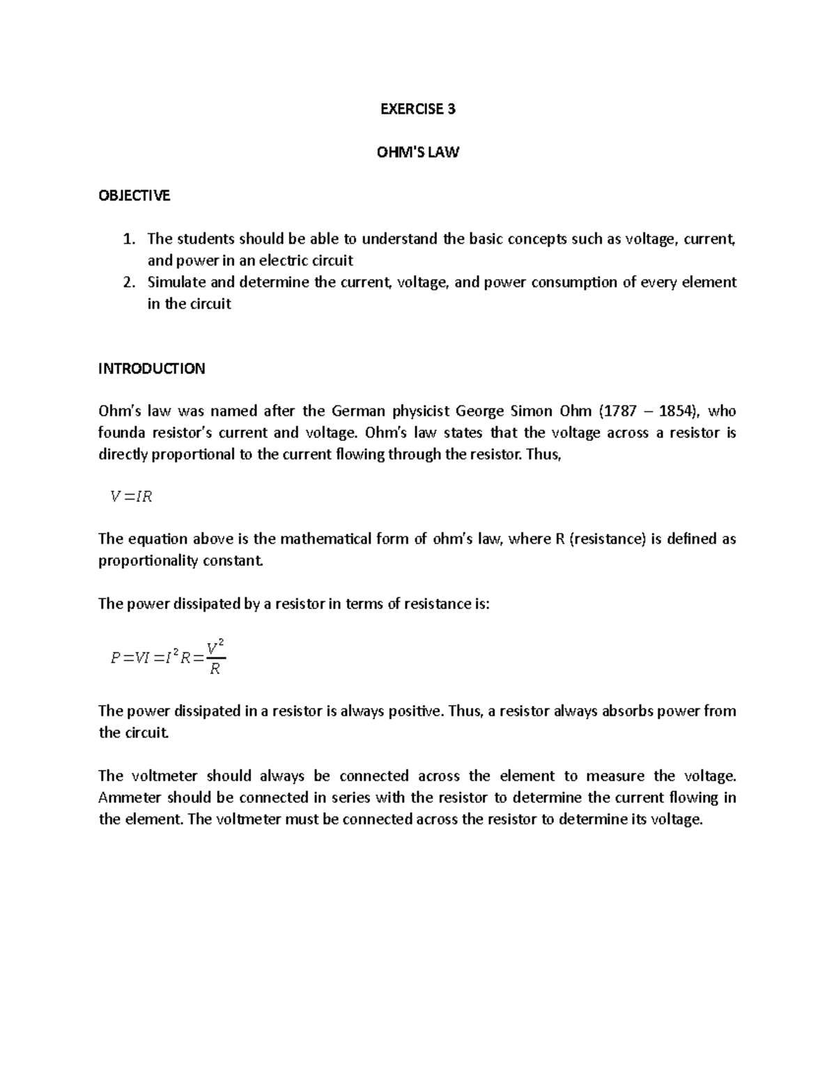 Ohms Law Activity for Engineering - EXERCISE 3 OHM'S LAW OBJECTIVE The ...