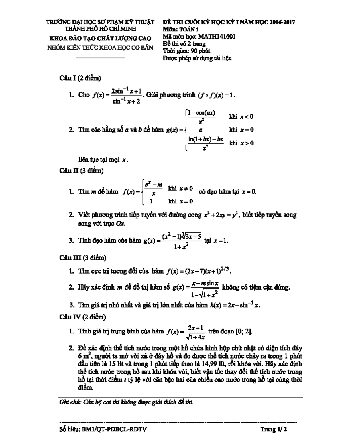 Đề 1 (HK1-16-17) - kjnbhuvgycftdxrcfvgbh - Toán 1 - SPKT - Studocu
