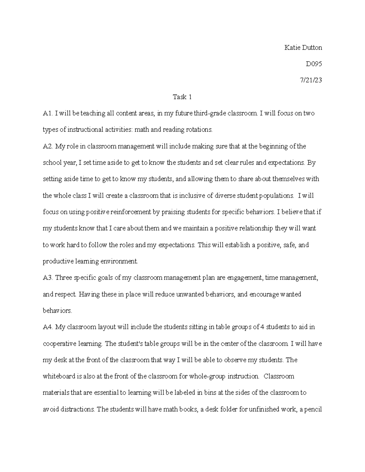 Task 1 D095 - Question and Answers - Katie Dutton D 7/21/ Task 1 A1. I ...