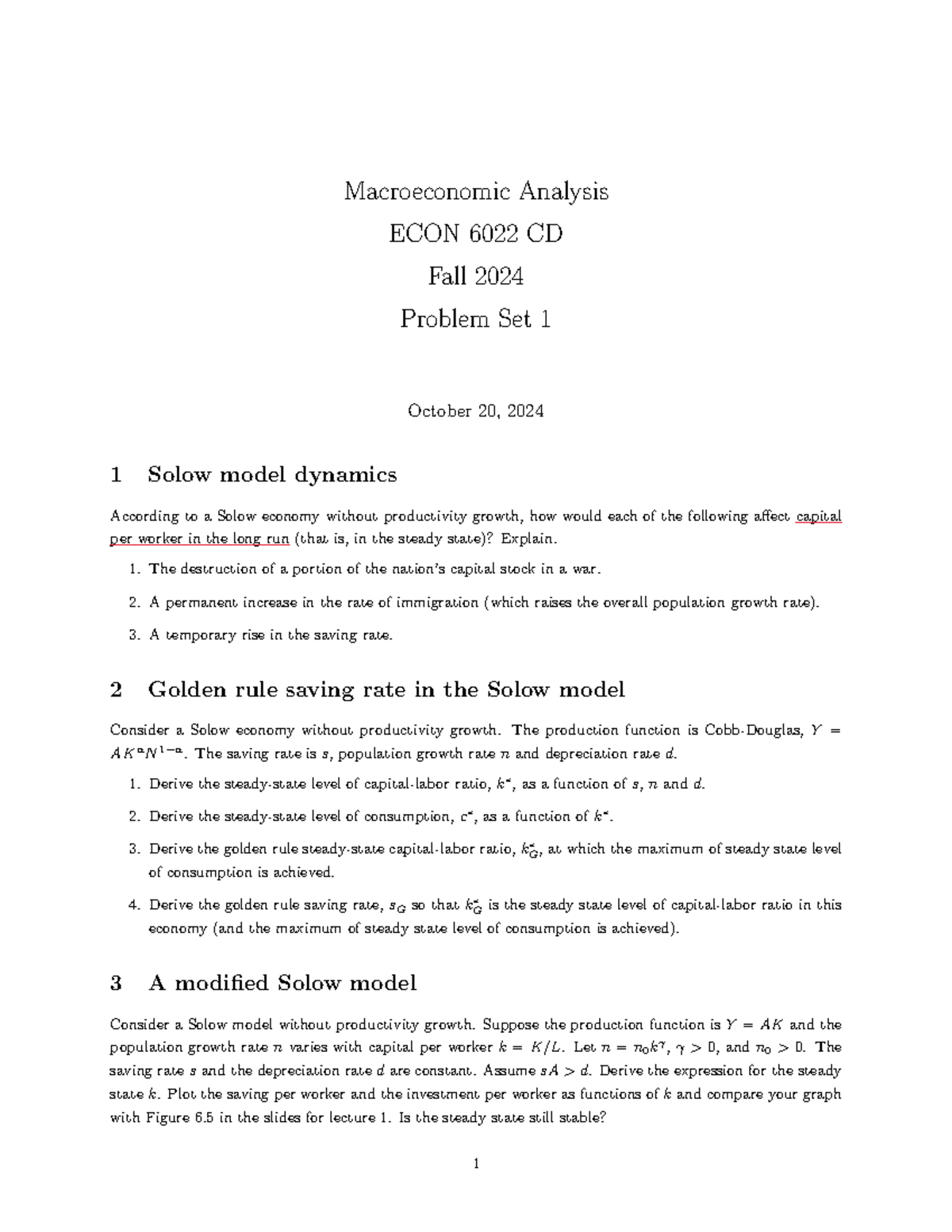 Fall2024 ECON6022CD PS1 - Macroeconomic Analysis ECON 6022 CD Fall 2024 Problem Set 1 October 20 ...
