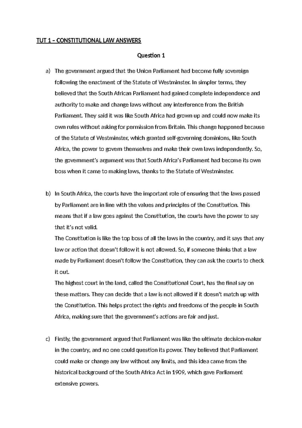 Tutotial 1 constitutional law answers - TUT 1 – CONSTITUTIONAL LAW ...