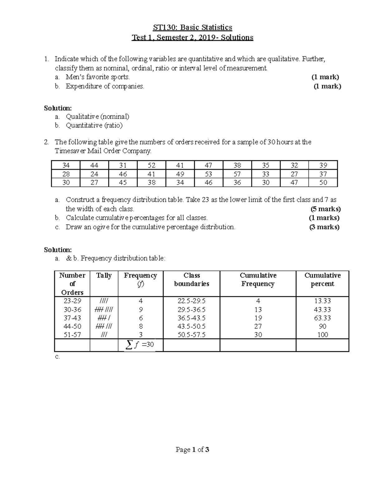 ST130 Test 1 S2 2019 Solutions - ST130: Basic Statistics Test 1 ...