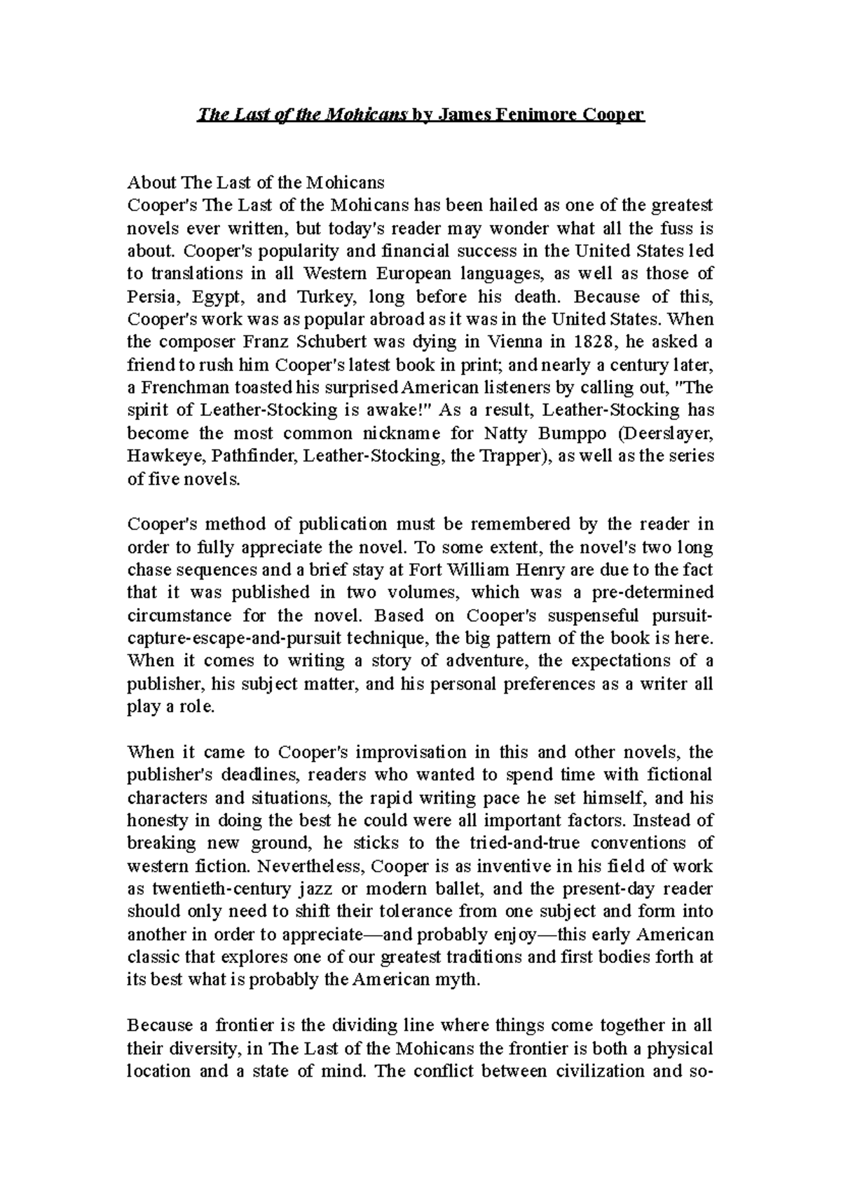 The Last of the Mohicans by James Fenimore Cooper - American Literature ...