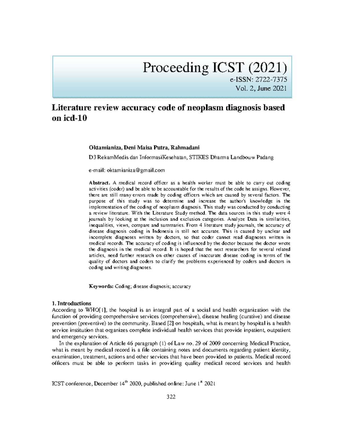 Literature Review Accuracy Code Of Neoplasm Diagnosis Based On Icd 10