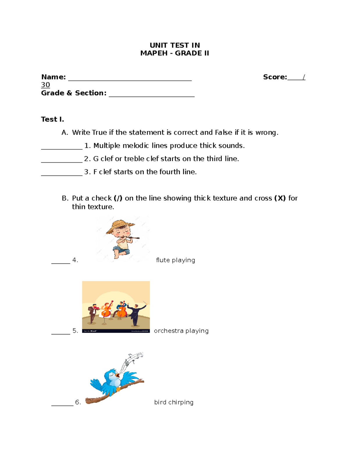 UNIT TEST IN Mapeh Grade II - UNIT TEST IN MAPEH - GRADE II Name: - Studocu