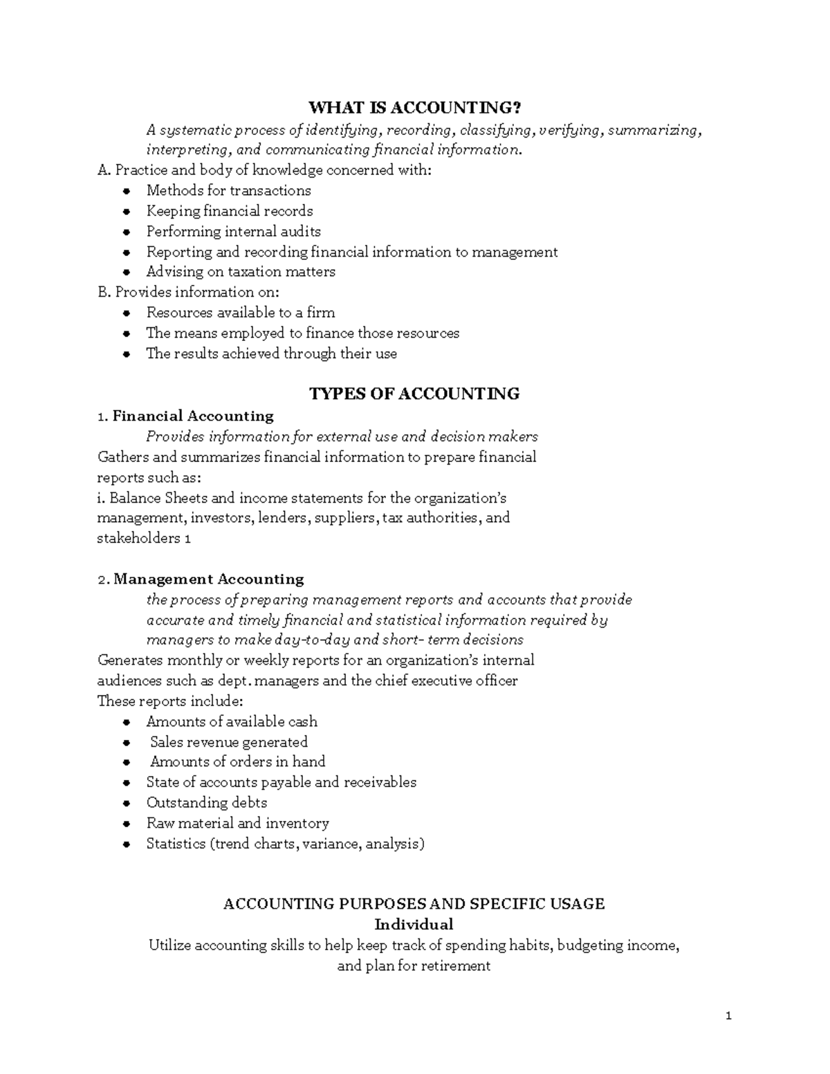 Exam 1 Study Guide Outline - WHAT IS ACCOUNTING? A systematic process ...