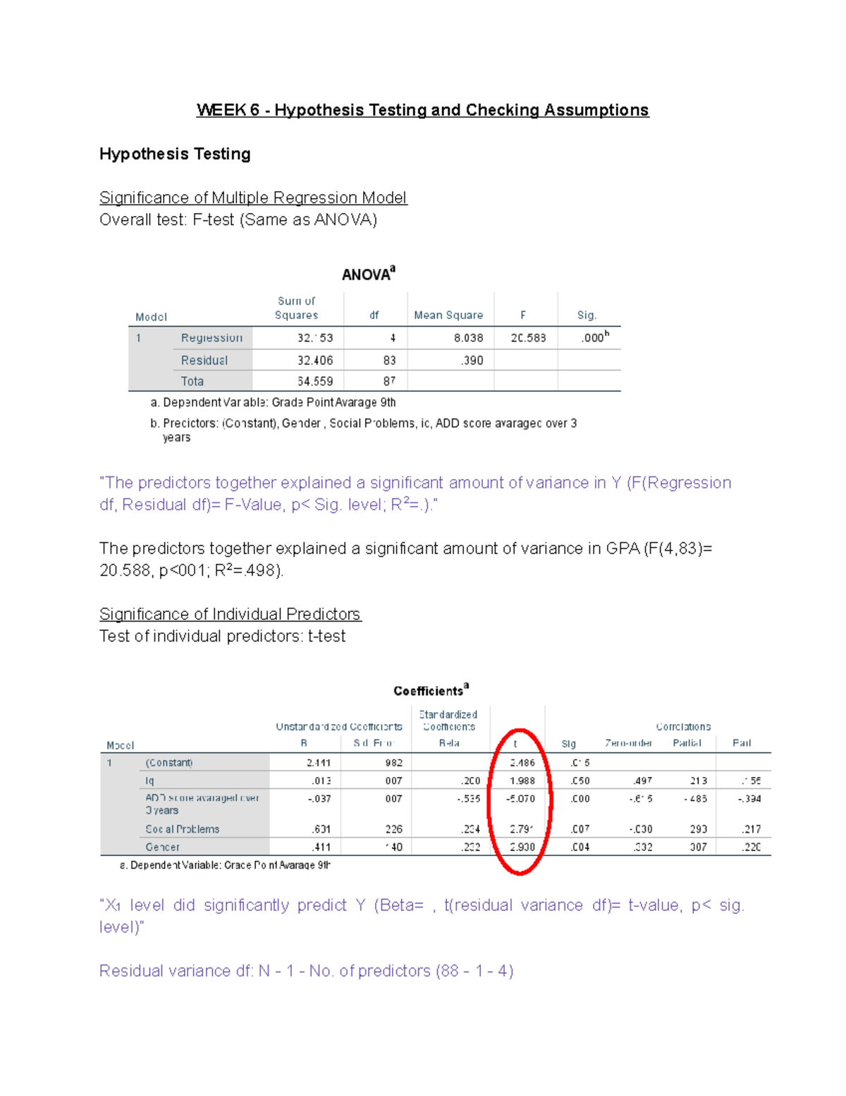 WEEK 6 - Hypothesis Testing and Checking Assumptions - WEEK 6 ...