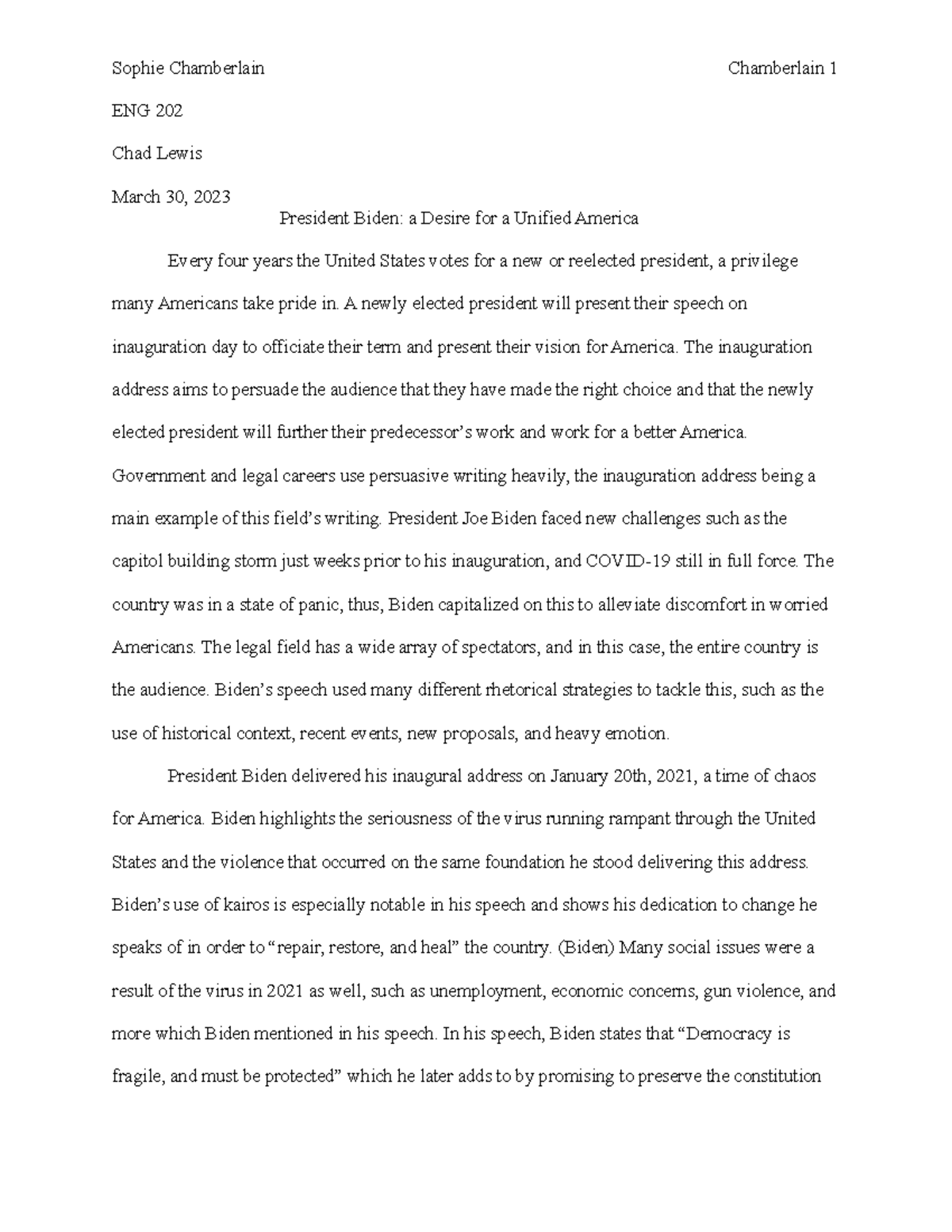 Chamberlain- Paper 3 - Sophie Chamberlain Chamberlain 1 ENG 202 Chad ...