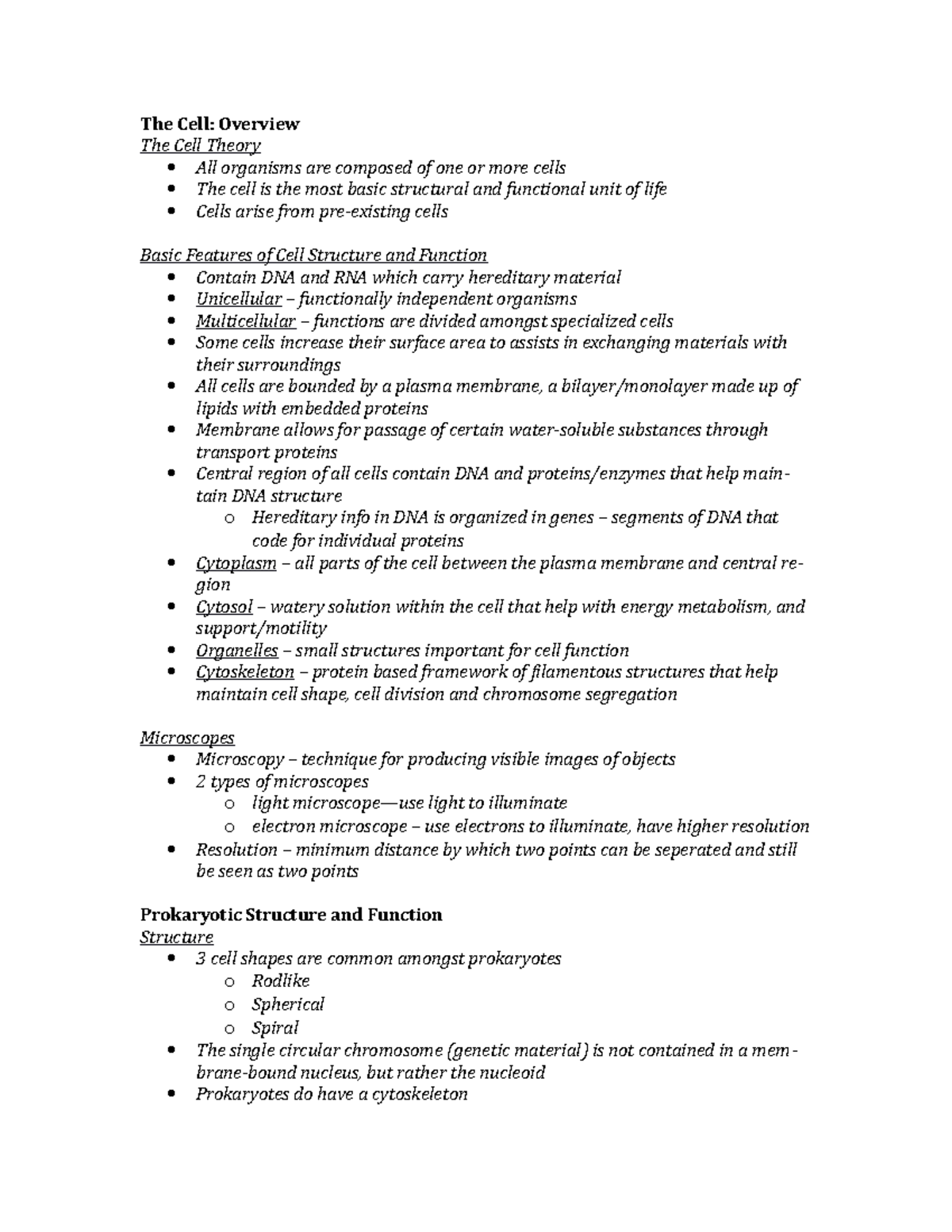 Bio Midterm 1 notes - The Cell: Overview The Cell Theory · All ...