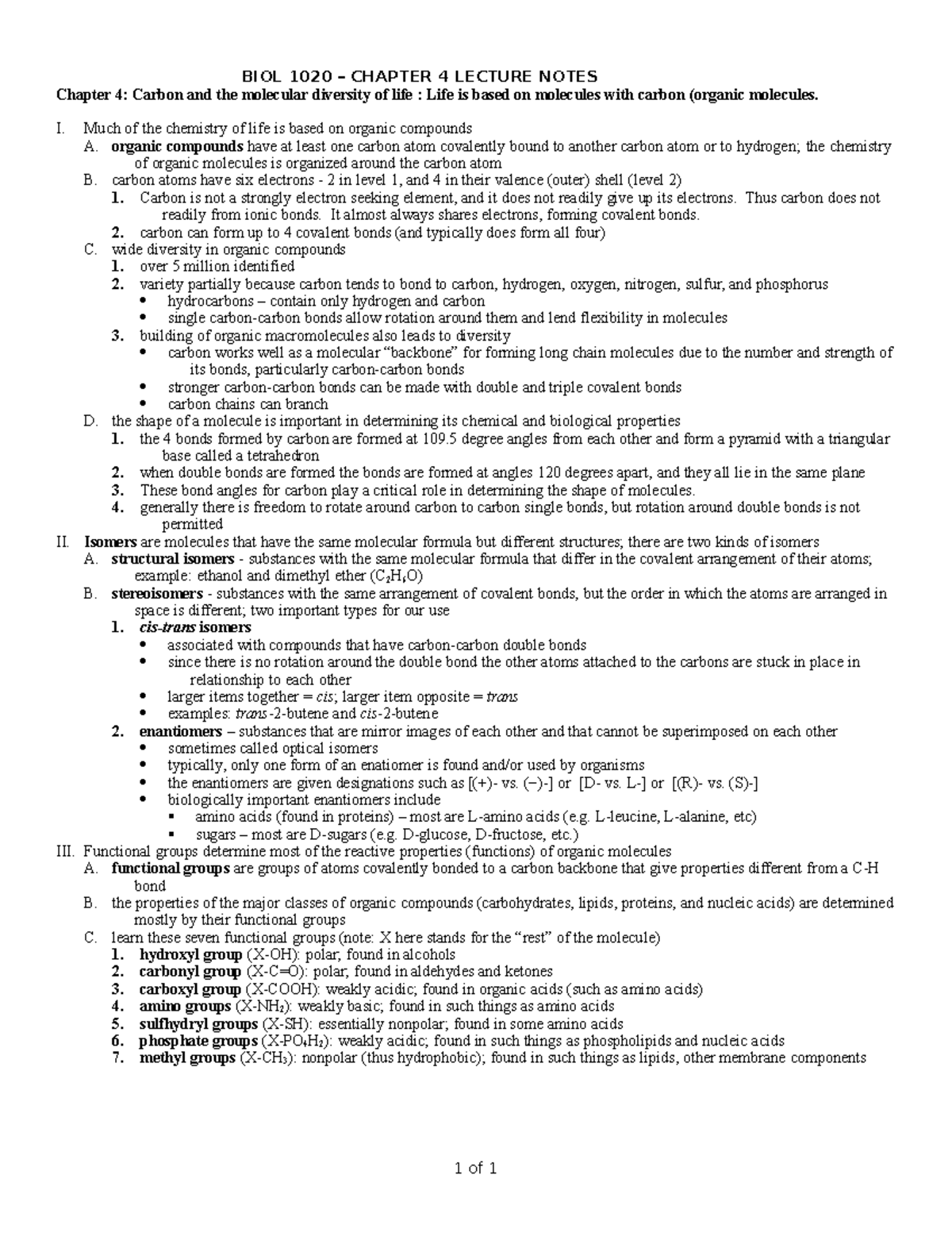 Chapter 4 - Notes - BIOL 1020 – CHAPTER 4 LECTURE NOTES Chapter 4 ...