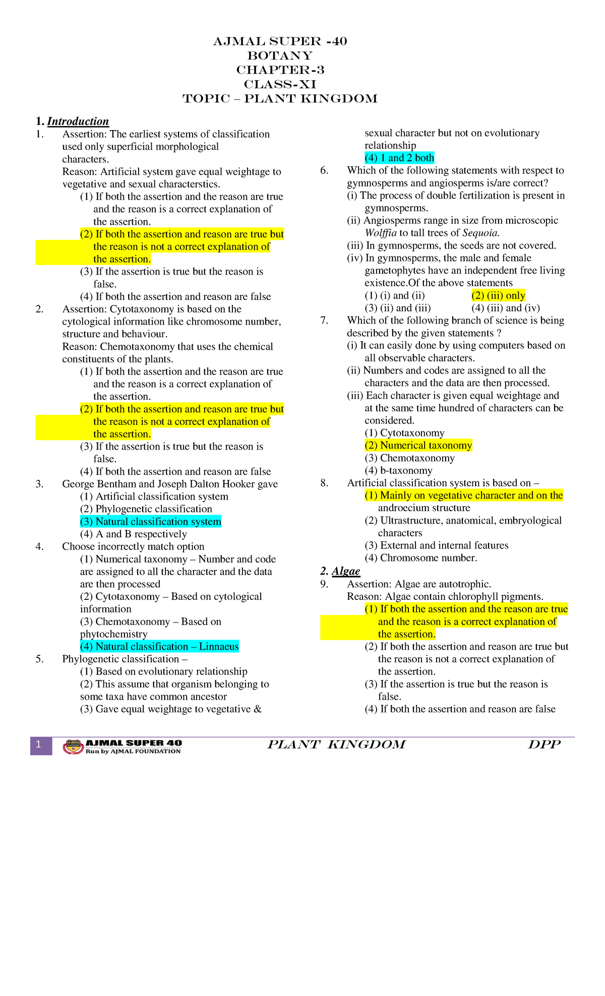 Plant Kingdom DPP F - AJMAL SUPER - BOTANY CHAPTER- CLASS-XI Topic ...