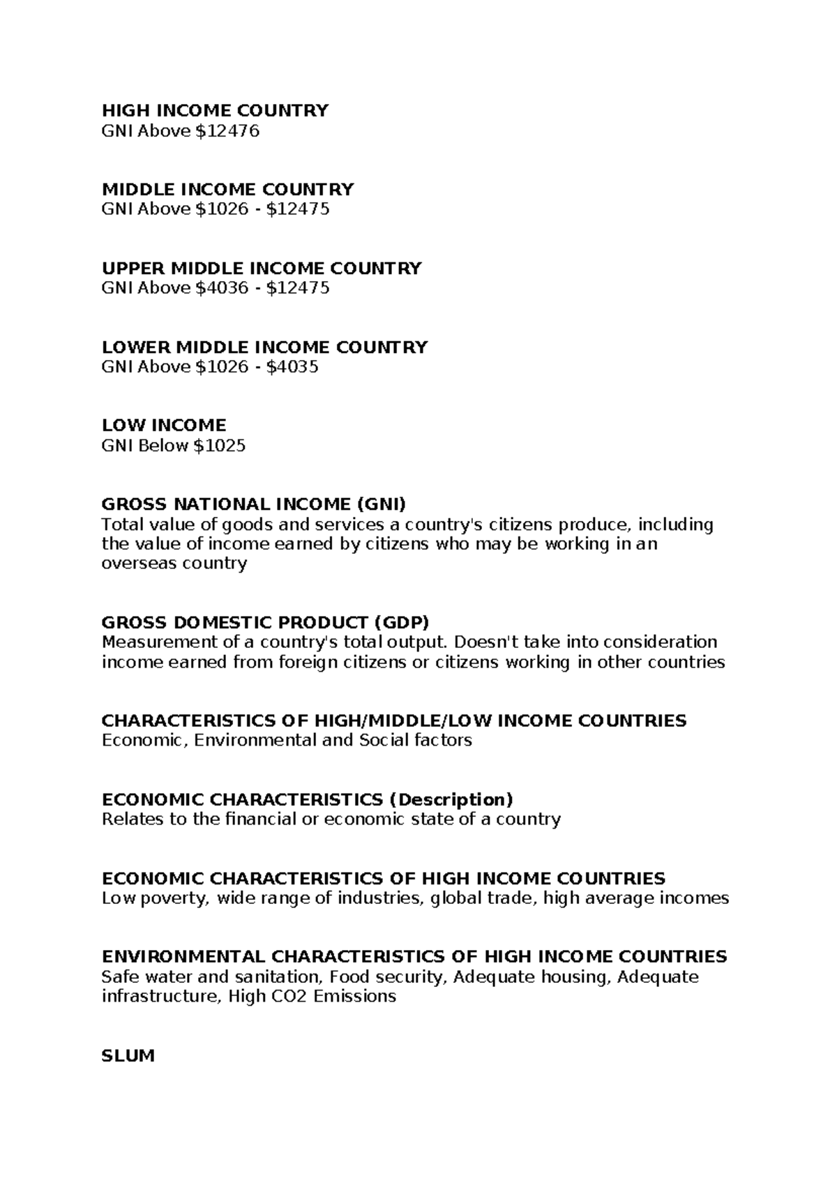 Hhd unit 3 and 4 definitions - HIGH INCOME COUNTRY GNI Above $ MIDDLE ...