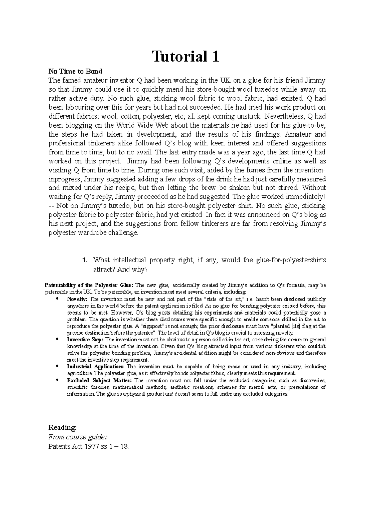LS2031 Tutorial 1 Intellectual Property (1) copy - Tutorial 1 No Time to Bond The famed amateur ...