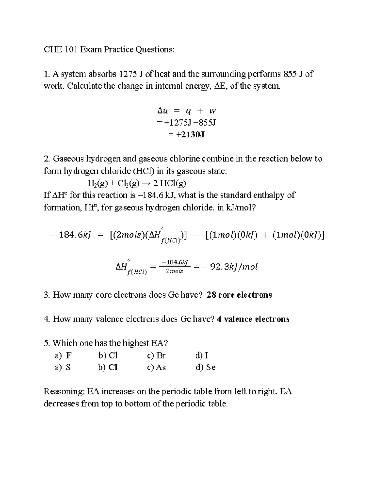 Notes 1 - Practice Exam Questions with Answers - CHE 101 Exam Practice ...