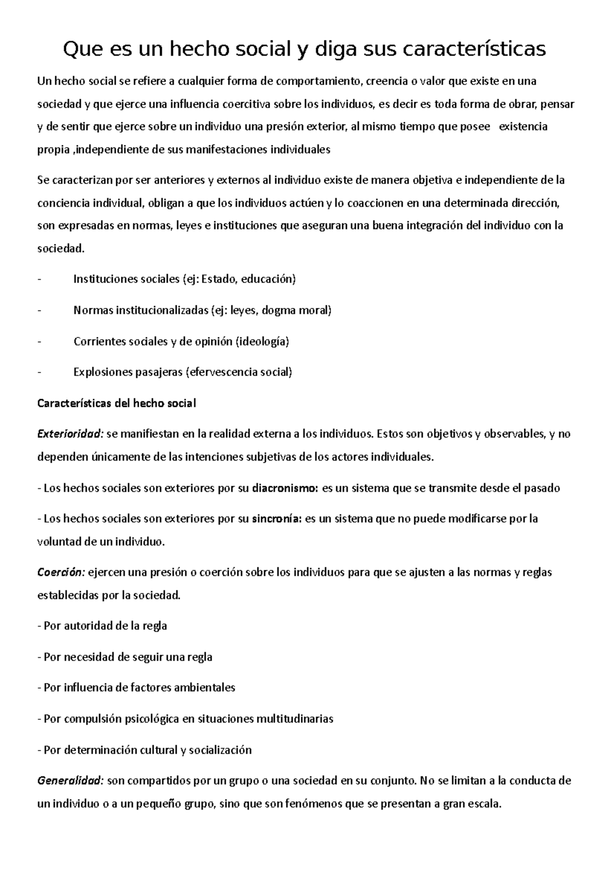 Sociologia resumen Final - Que es un hecho social y diga sus ...
