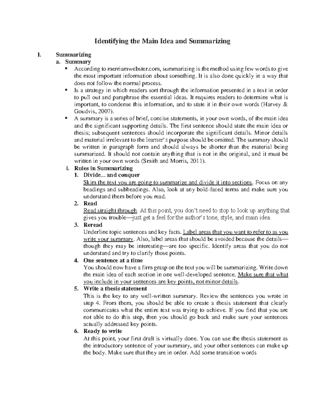 Identifying the Main Idea and Summarizing - Summarizing a. Summary ...