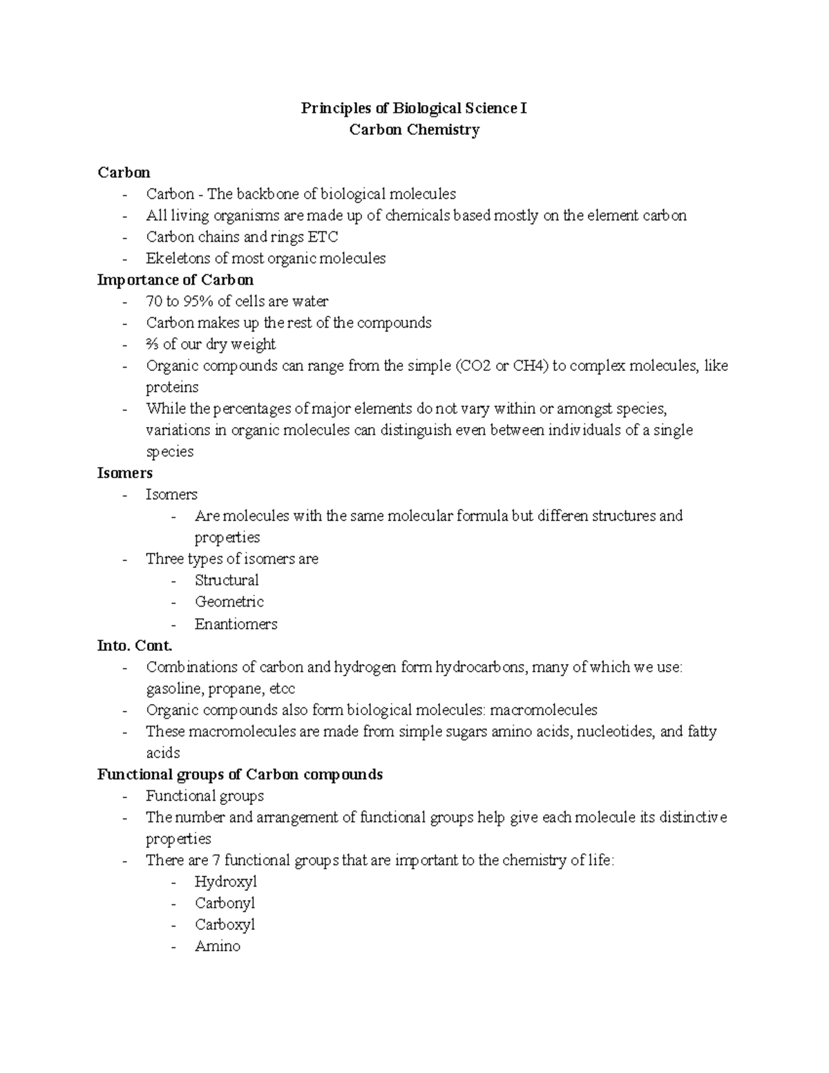 Carbon Chemistry 1 - Principles of Biological Science I Carbon ...