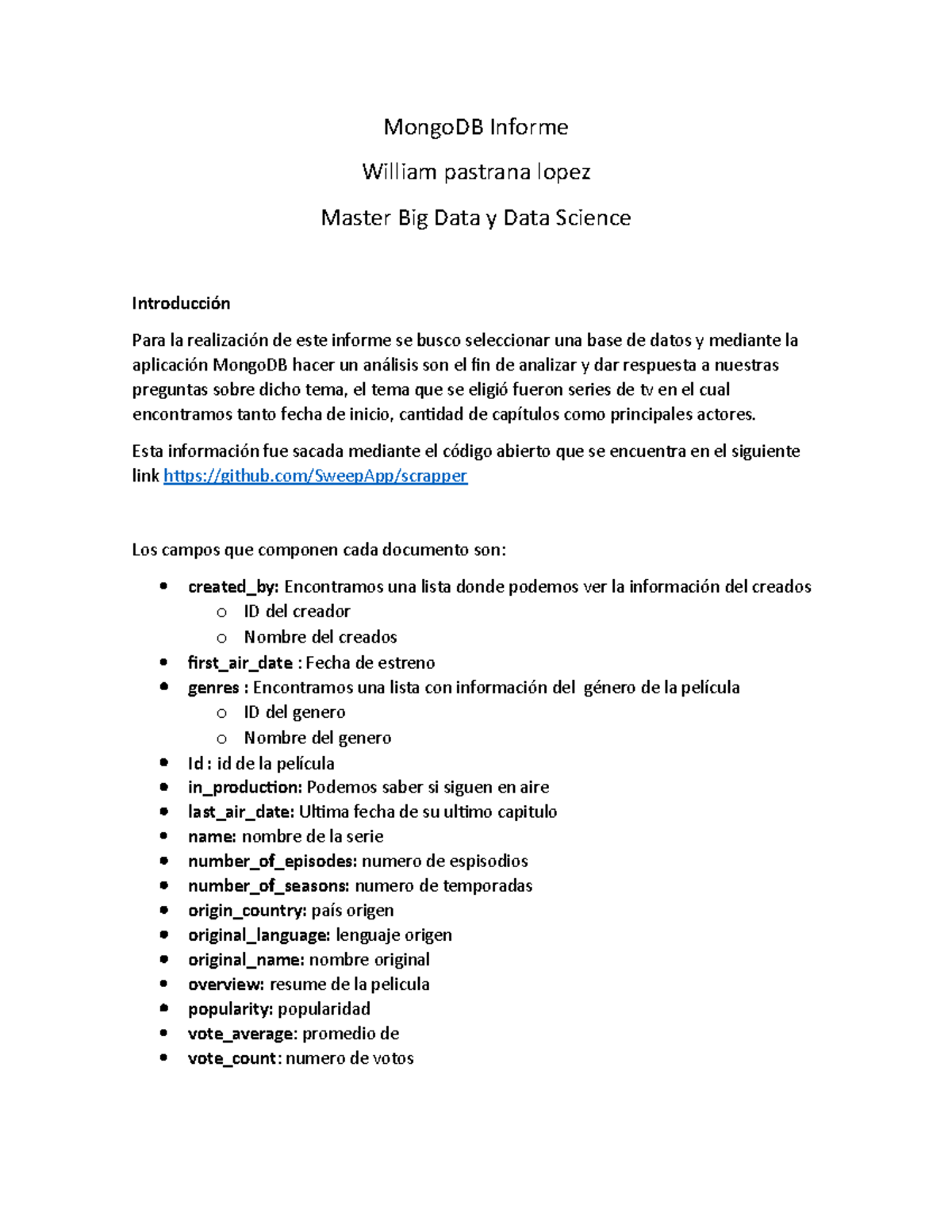 Entrega Mongodb - MongoDB Informe William pastrana lopez Master Big ...