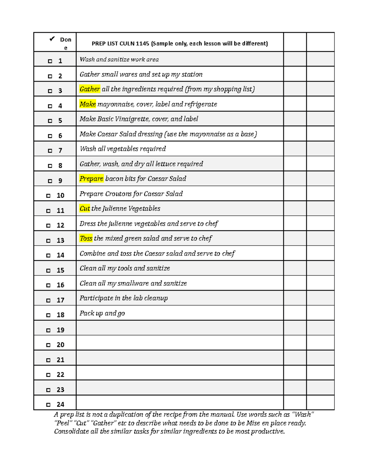 Prep List Example 1 - prep list exam - Don e PREP LIST CULN 1145 ...