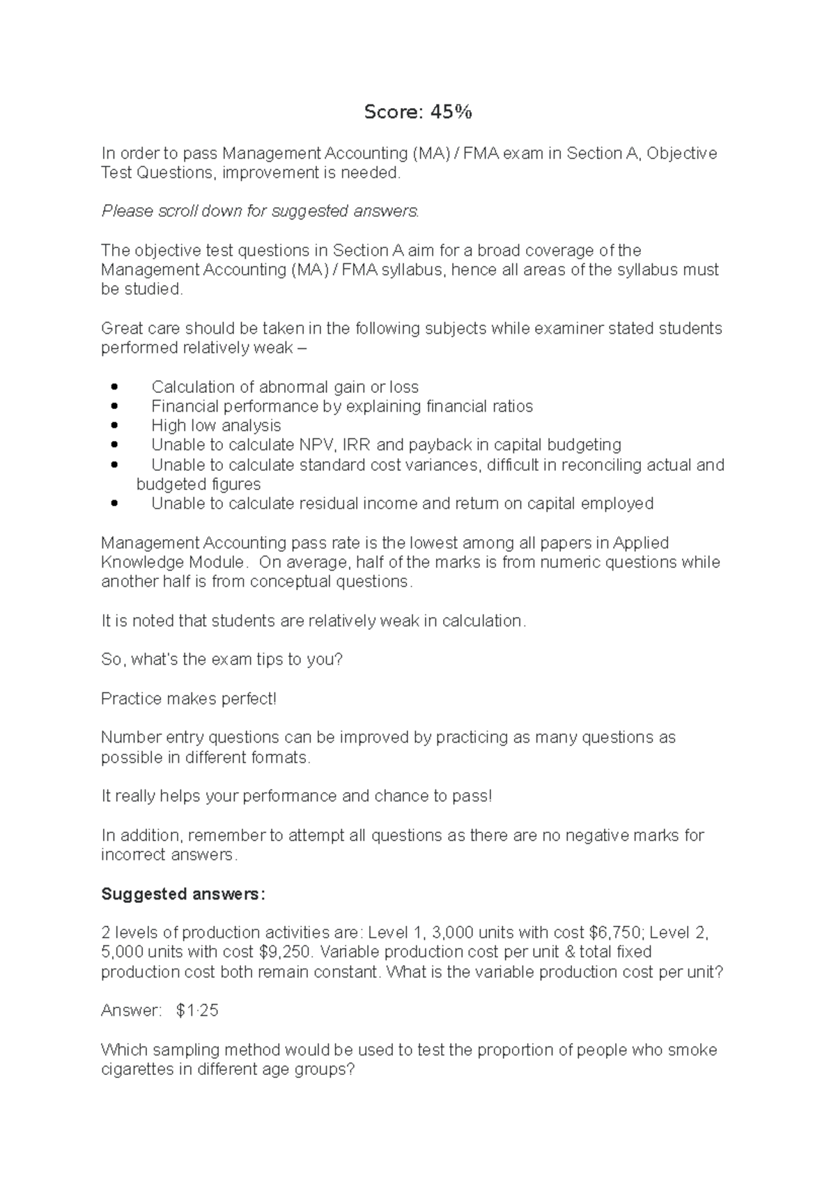 Section A Mock Exan - Score: 45% In order to pass Management Accounting ...