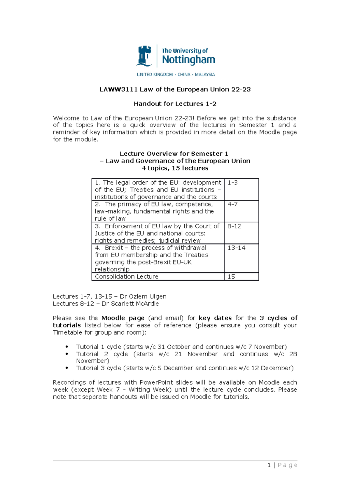 Lecture 1-2 - LAWW3111 Law of the European Union 22- Handout for Lectures 1- Welcome to Law of ...