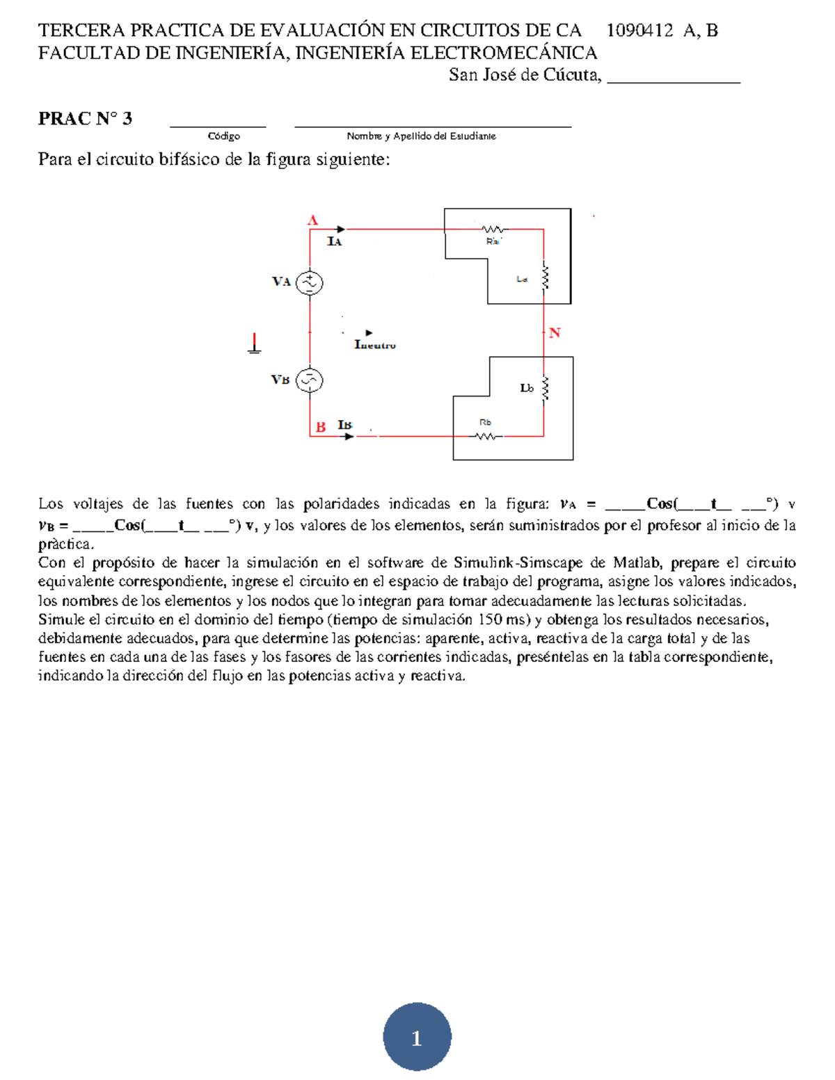 3ra práct de eval Cir bifásico - 1 TERCERA PRACTICA DE EVALUACIÓN EN CIRCUITOS DE CA 1090412 A ...