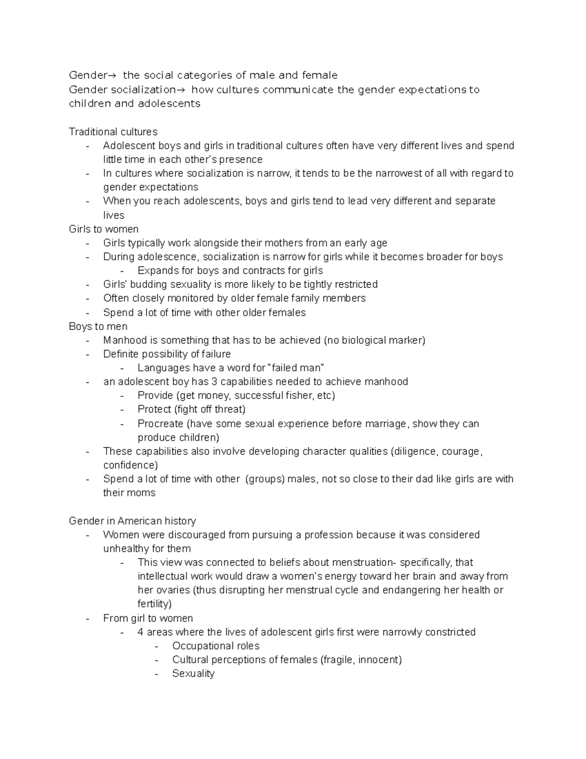 Chapter 5 in class notes - Gender→ the social categories of male and ...